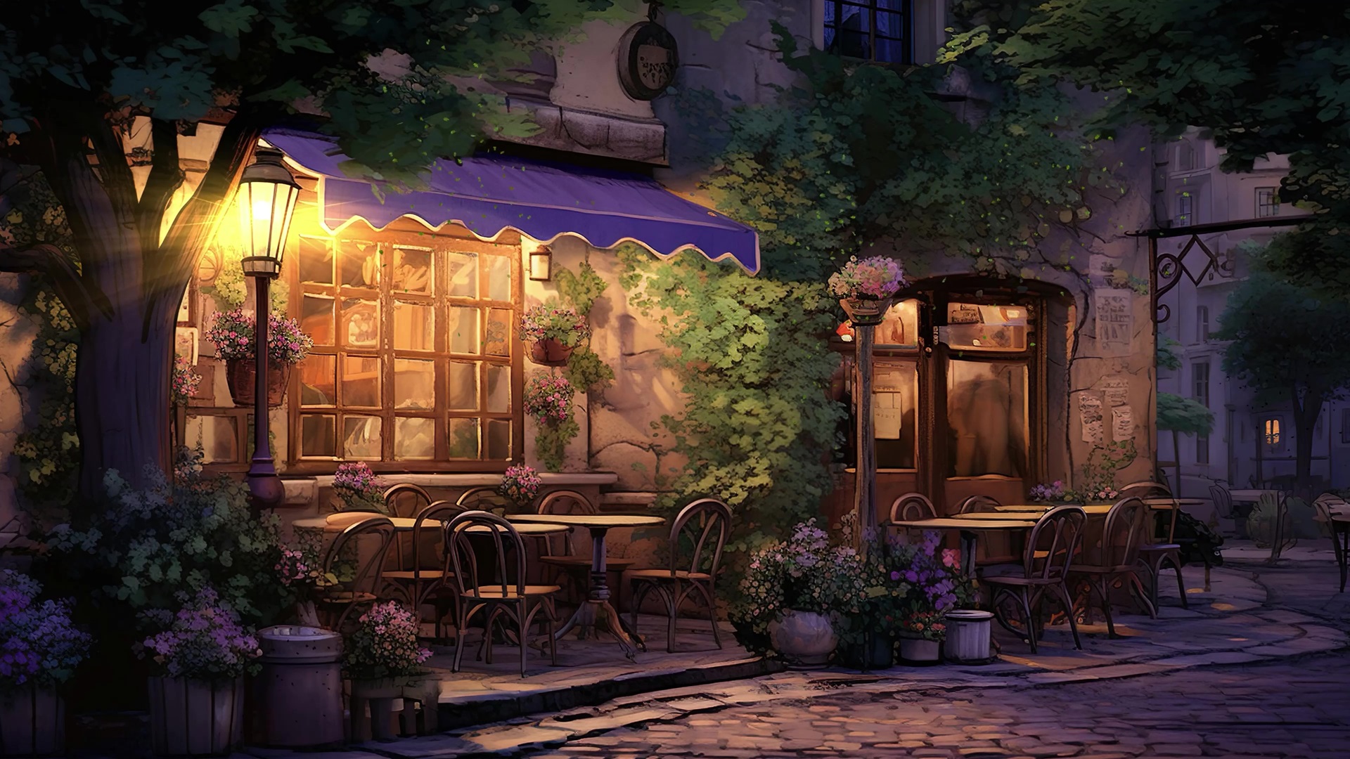 Night Italian Street Cafe Live Wallpaper - WallpaperWaifu