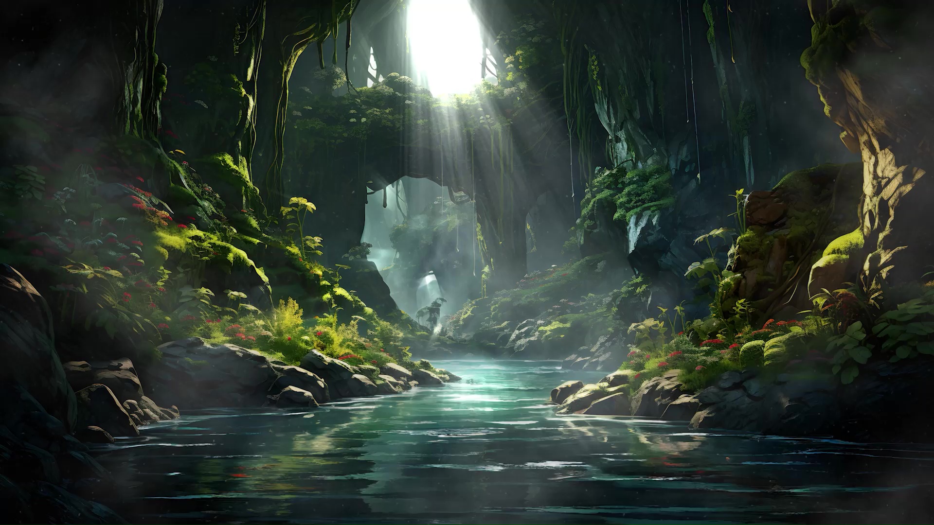 River In The Forest With Sun Rays Live Wallpaper - WallpaperWaifu