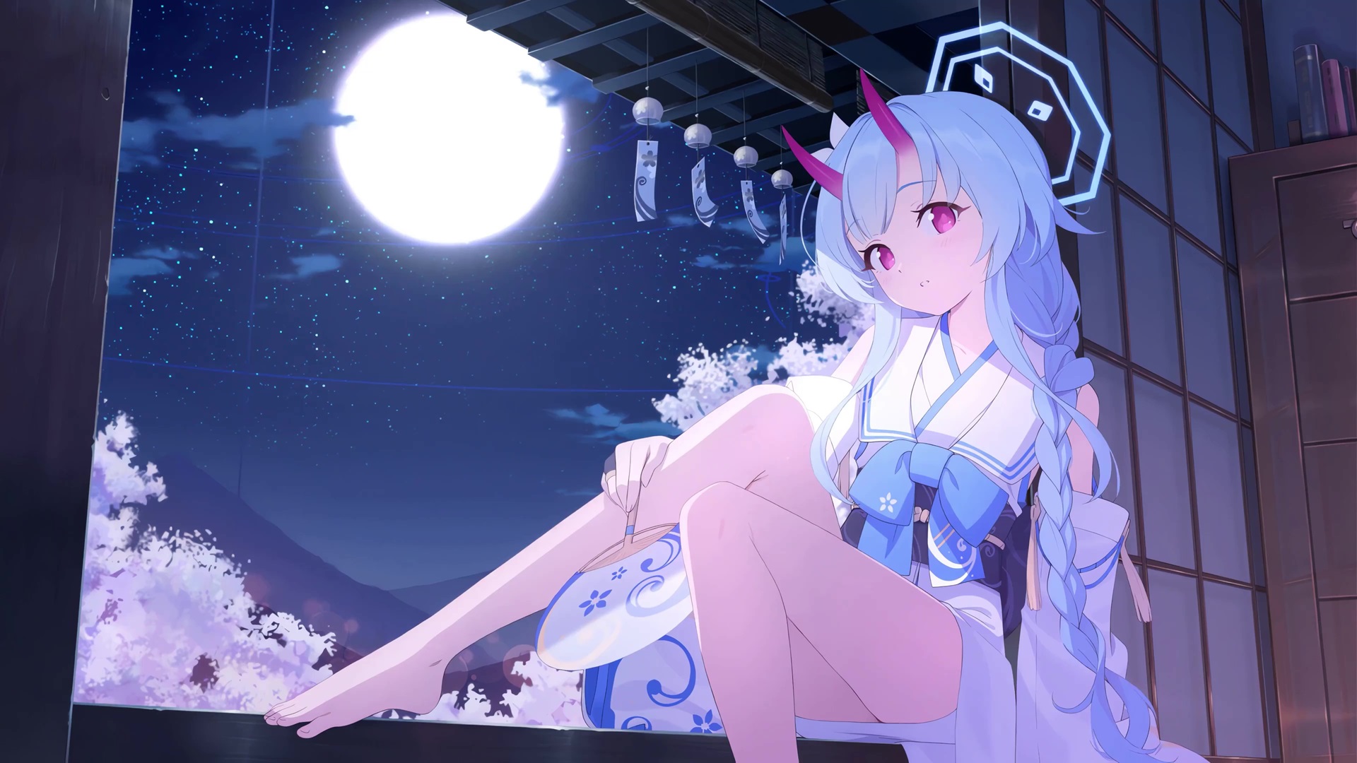 Waraku Chise Sitting Looking Moon Blue Archive Live Wallpaper - WallpaperWaifu