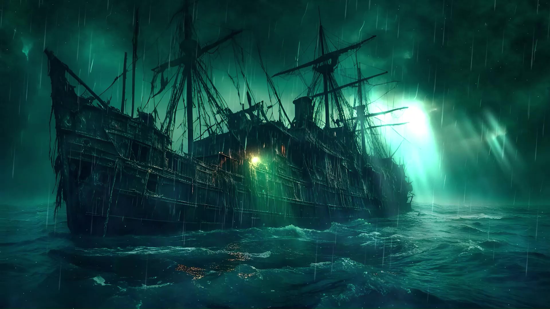 Ghost Ship in Stormy Sea with Green Clouds and Rain Live Wallpaper ...
