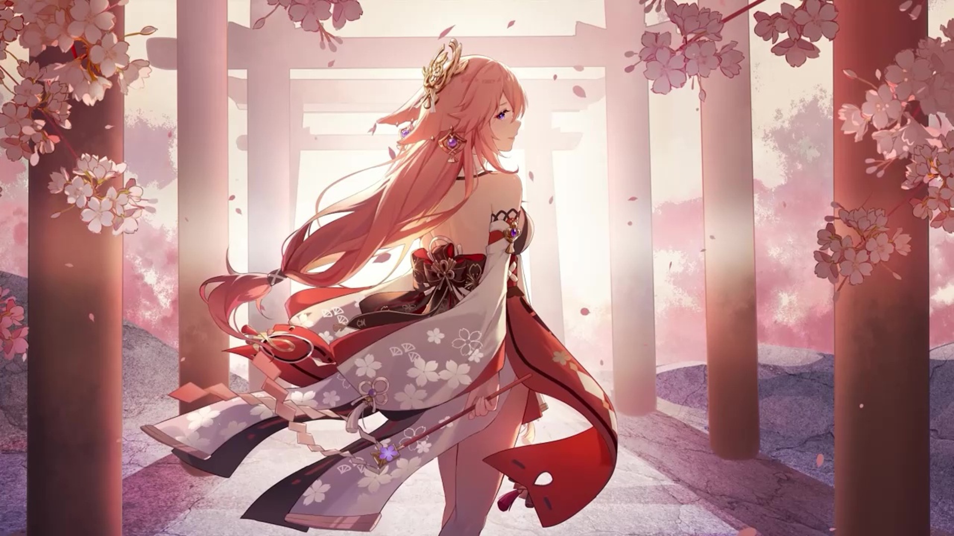 Yae Miko Torii Gate with Pink Blossoms Genshin Impact Live Wallpaper ...