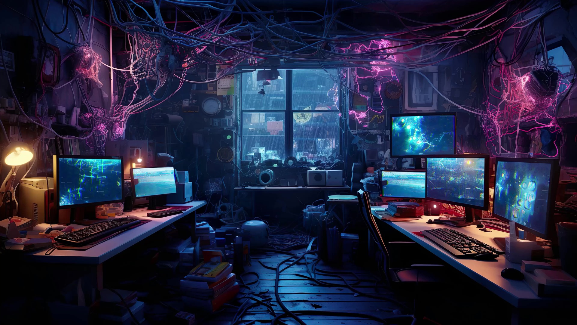 Messy Tech Room in the Rain Live Wallpaper - WallpaperWaifu