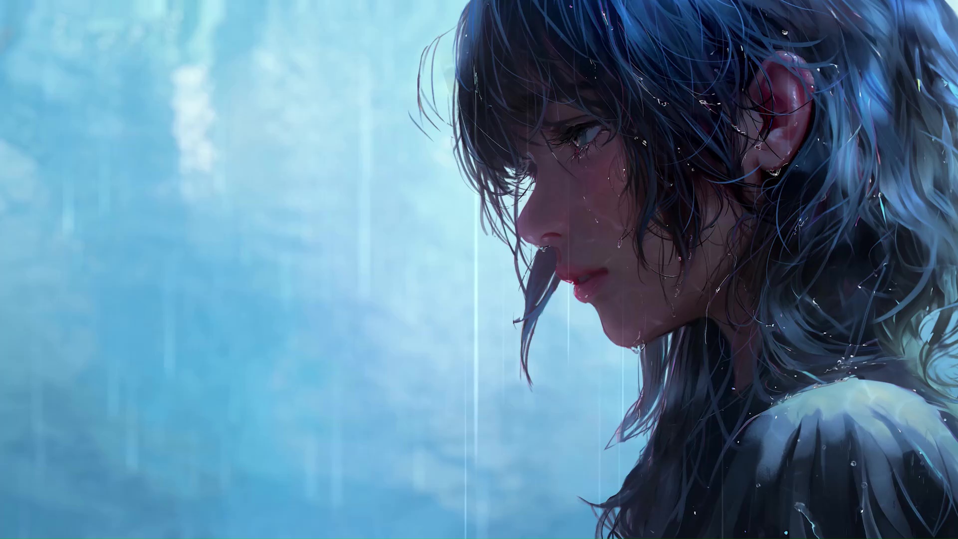 Girl Silently Weeping in the Rain Live Wallpaper - WallpaperWaifu
