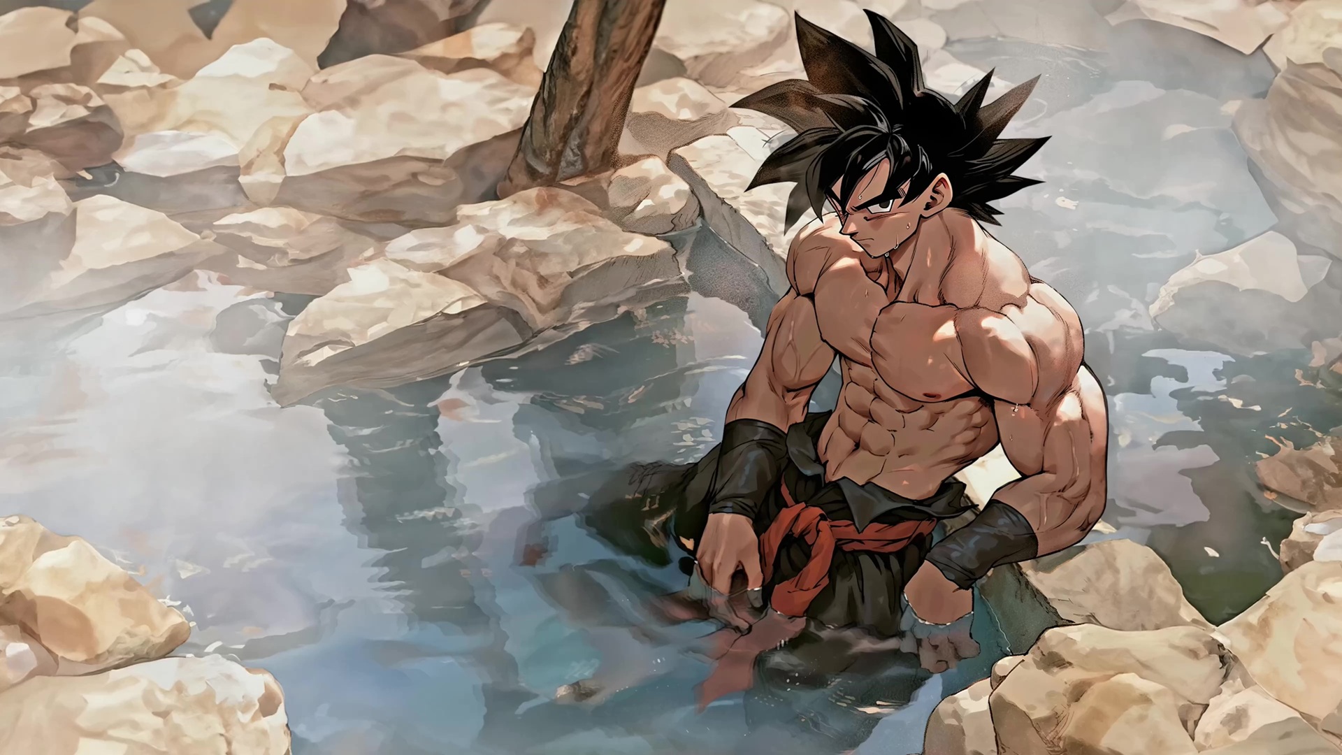 Goku at Hot Springs Dragon Ball Live Wallpaper - WallpaperWaifu
