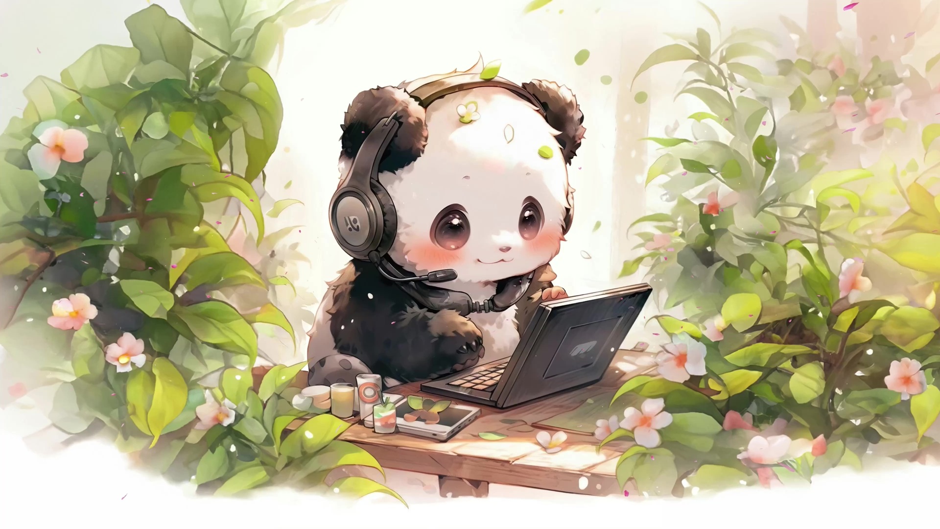 Panda Tech Support in the Garden Live Wallpaper - WallpaperWaifu