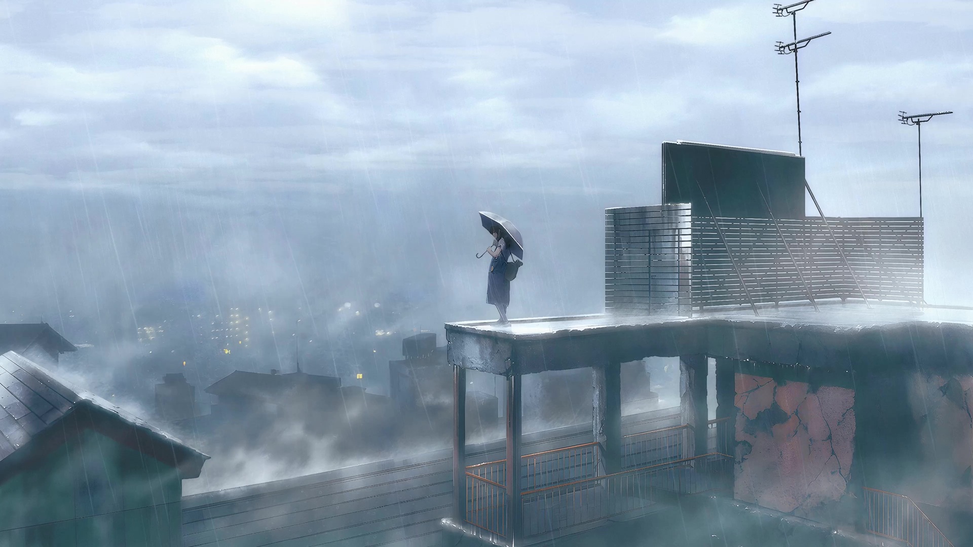 Lonely Anime Girl on the Rooftop Live Wallpaper - WallpaperWaifu