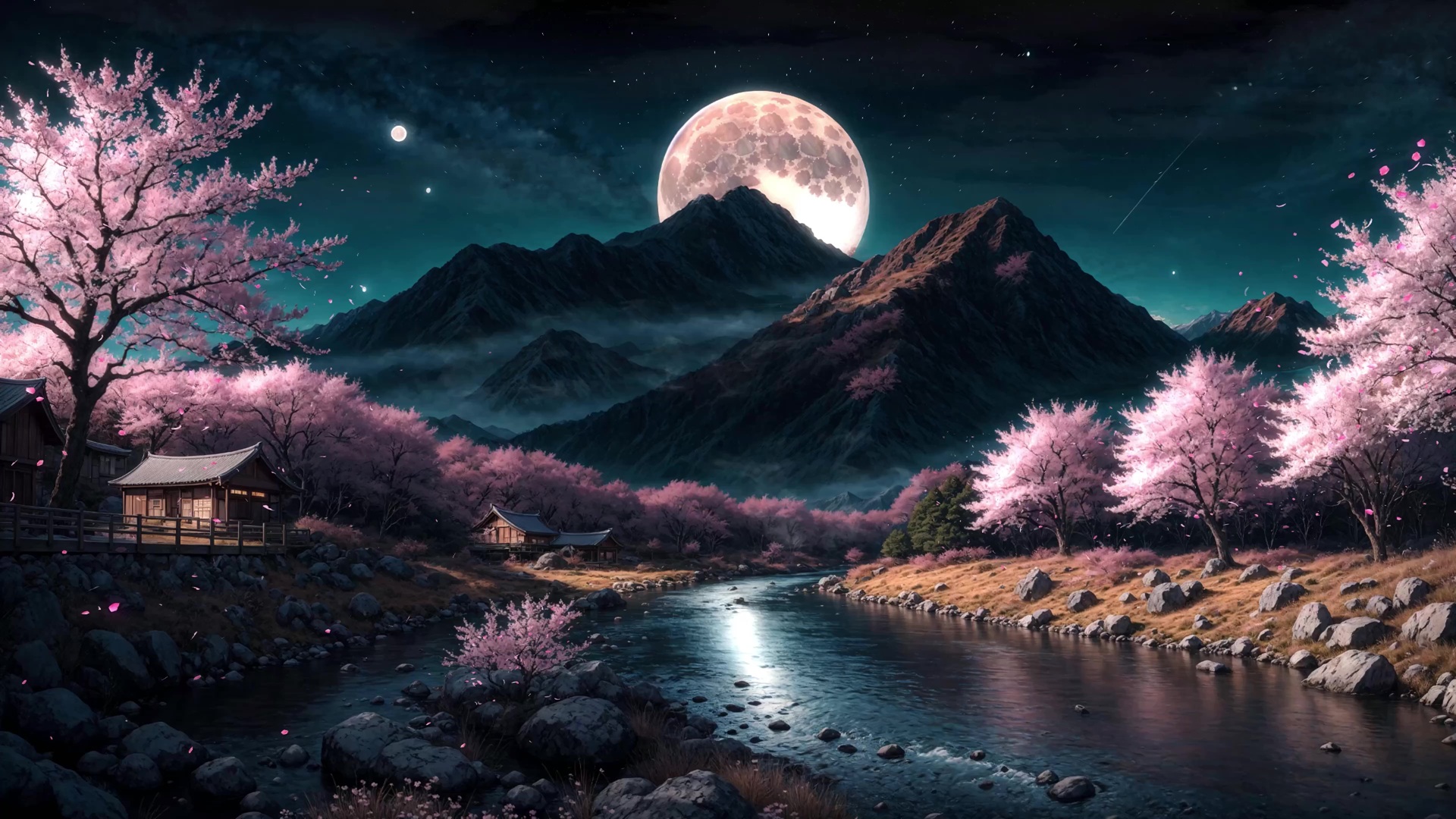 Moonlit Sakura Valley at Night Live Wallpaper - WallpaperWaifu